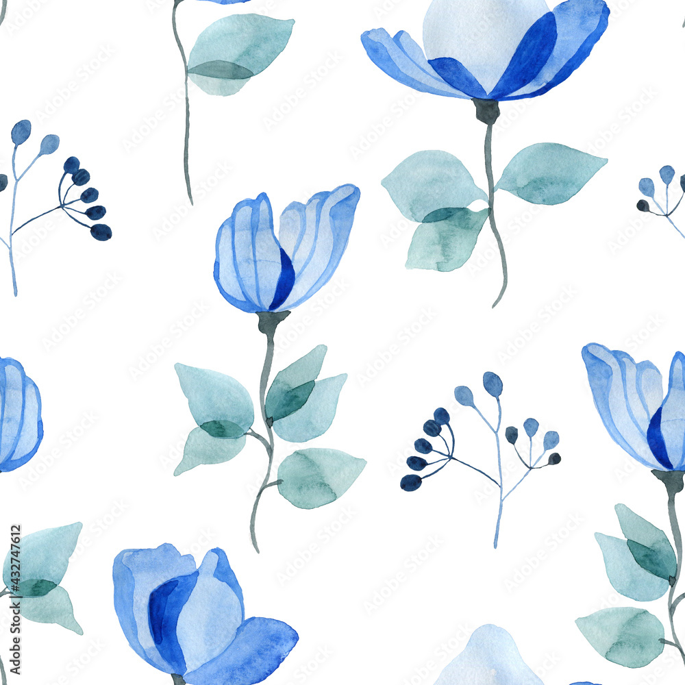 Watercolor blue transparent flowers on a white background seamless ...