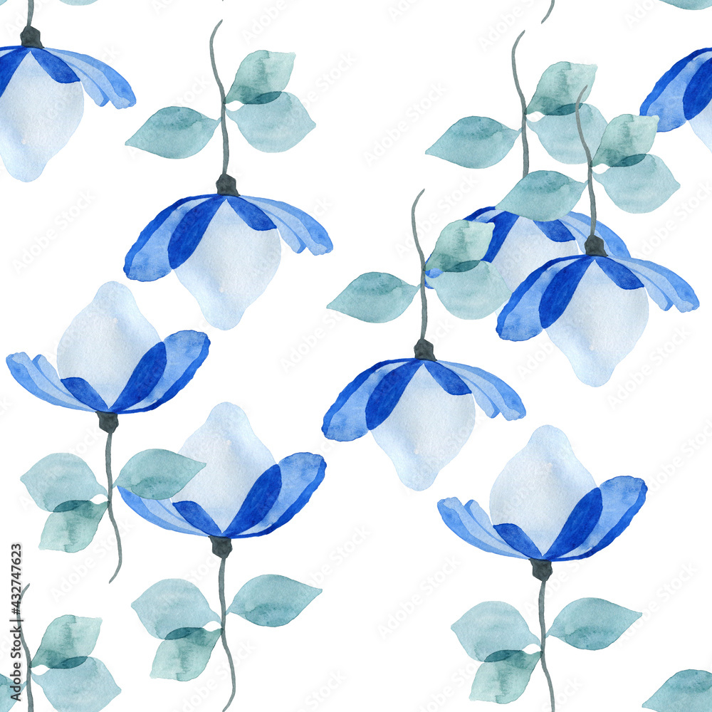 Watercolor blue transparent flowers on a white background seamless ...