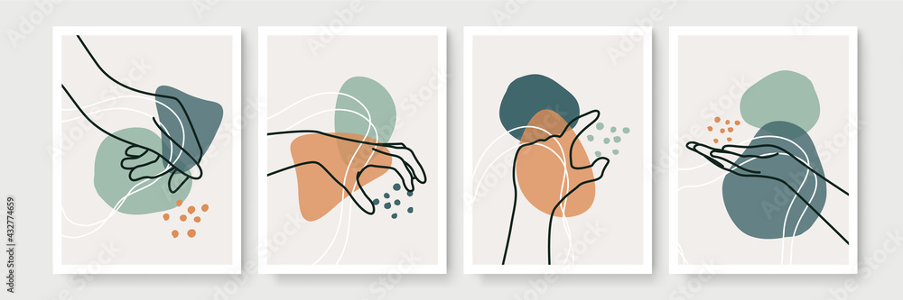 Hand gesture wall art vector set. Foliage line art drawing with ...