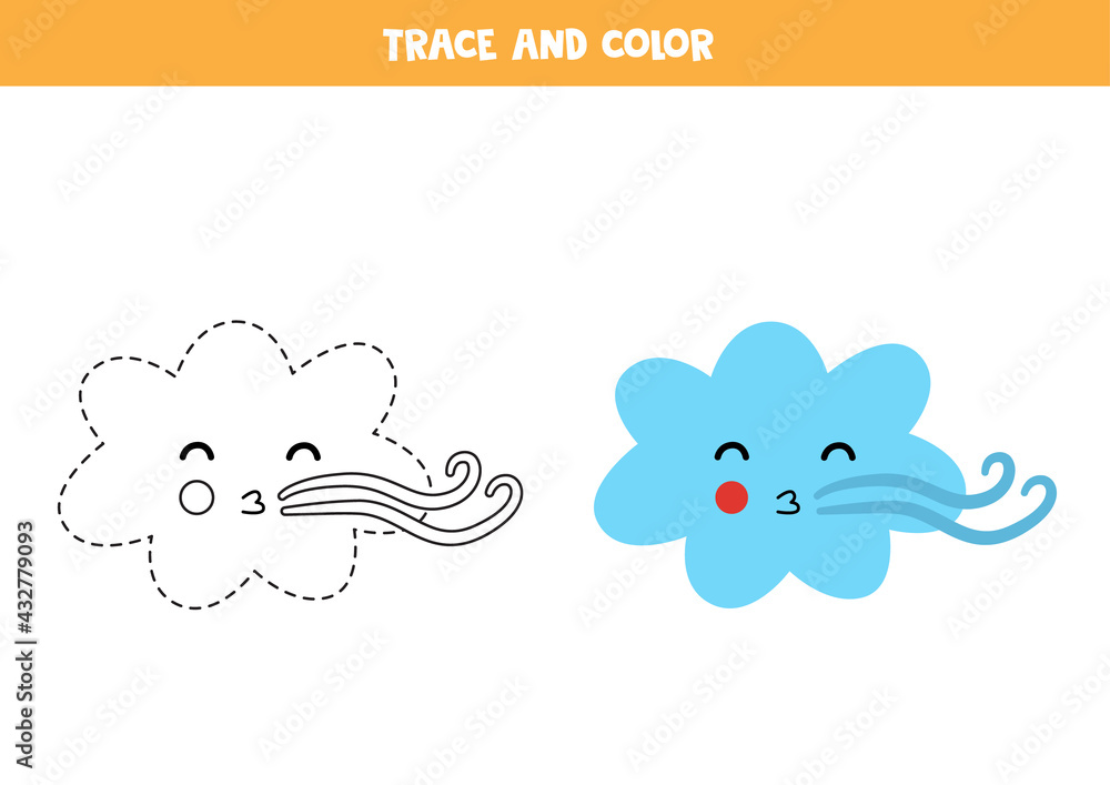 Trace and color cute wind cloud. Worksheet for kids. Stock Vector ...