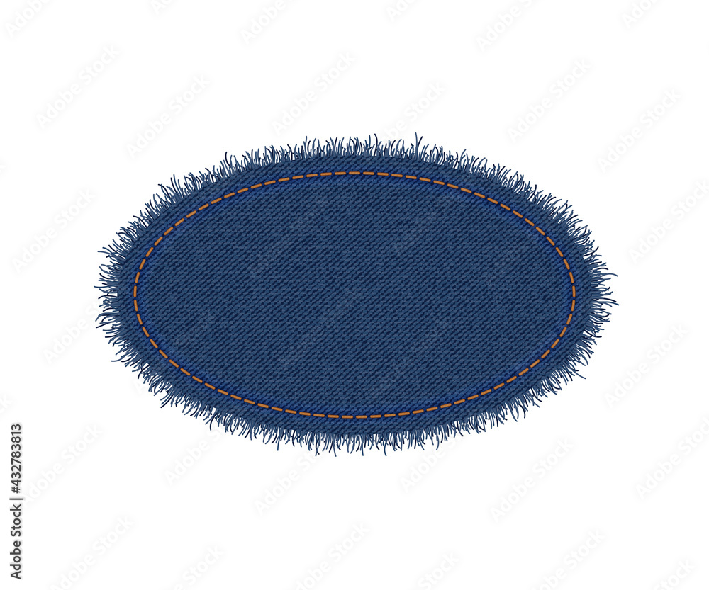 Denim ellipse shape with seam. Torn jean patch with stitches. Vector ...