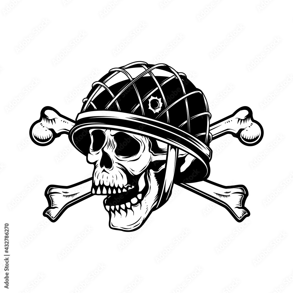Illustration of soldier skull in military helmet with crossed bones ...