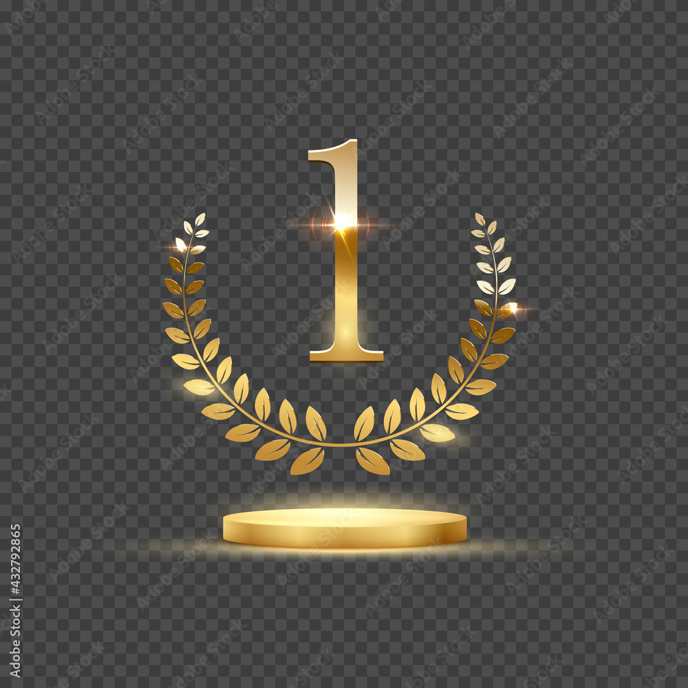 Golden podium for first place with laurel wreath and number one. Gold ...