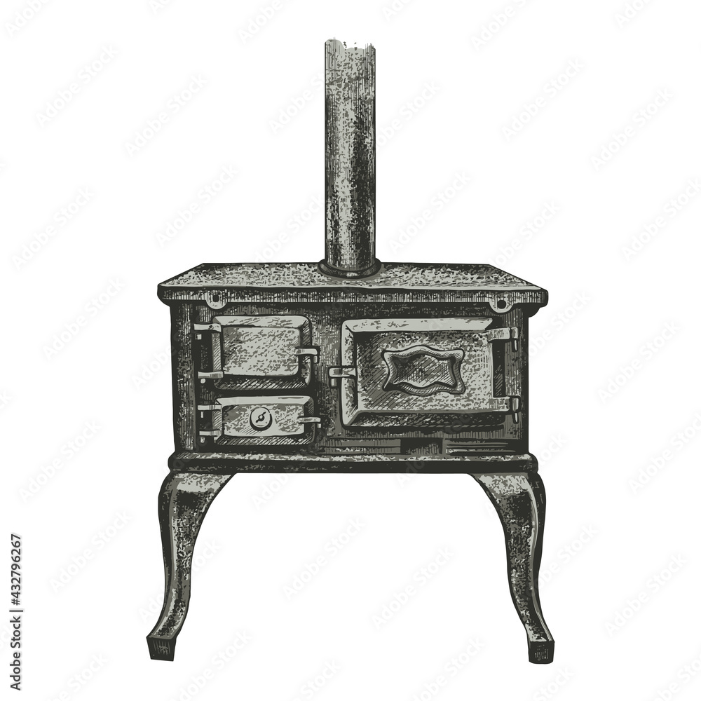 Cook Stove from the Past. Vector vintage drawing of an antique cast ...