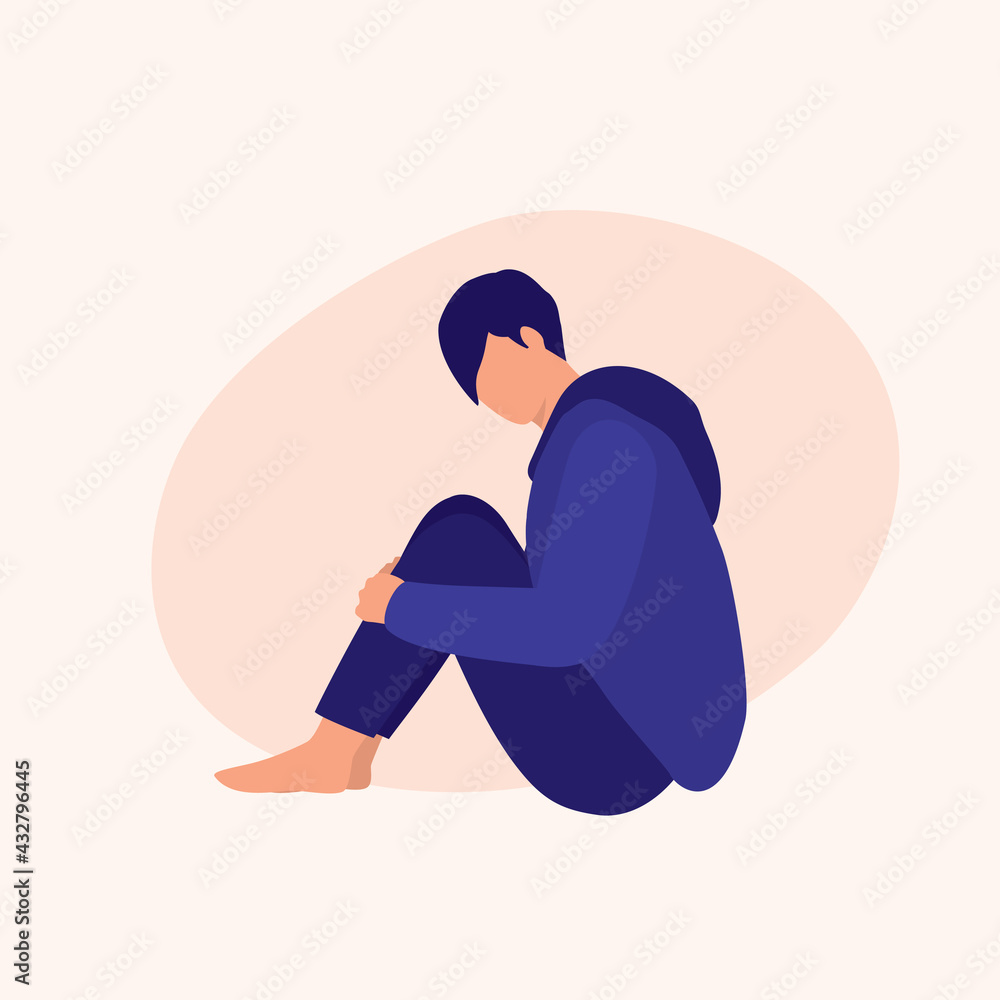 Young Sad Man Sitting. Mental Illness Concept. Vector Flat Cartoon ... Young Sad Man Sitting. Mental Illness Concept. Vector Flat Cartoon ...