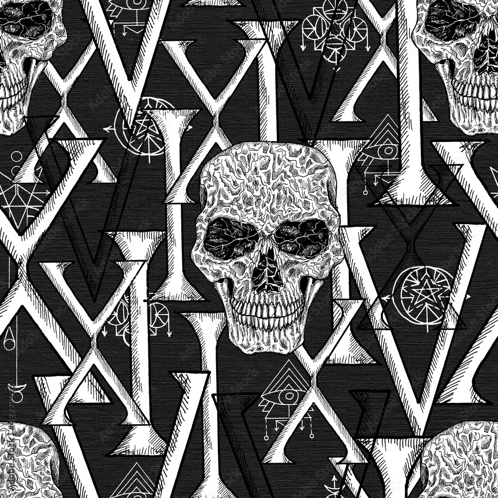 Seamless pattern with skull, roman numeral and evil symbols on texture ...