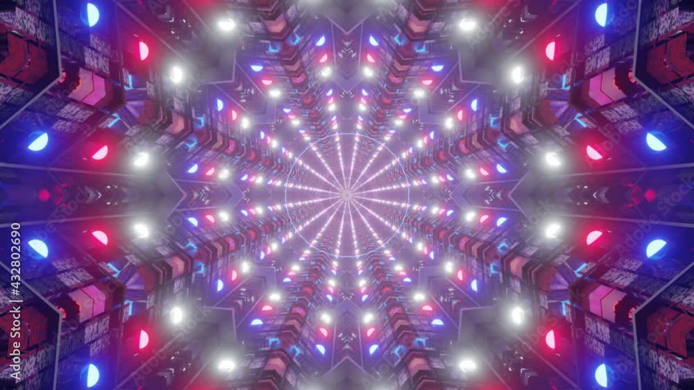 wide circular tunnel with wide star shaped of alternating red, blue and ...