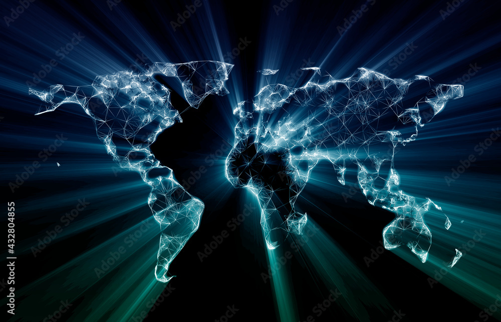 World map with energy gradient light rays Stock Illustration | Adobe Stock