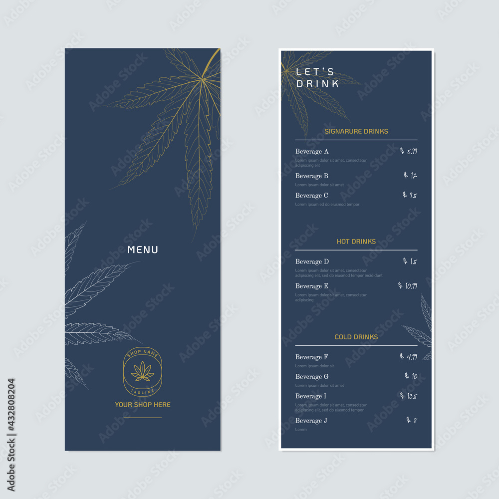 Beverage menu template design, cannabis leaves on blue Stock Vector ...