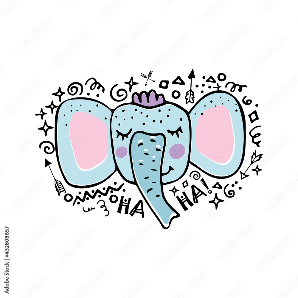 Cute doodle elephant head, funny flat hand-drawn elephant character ...