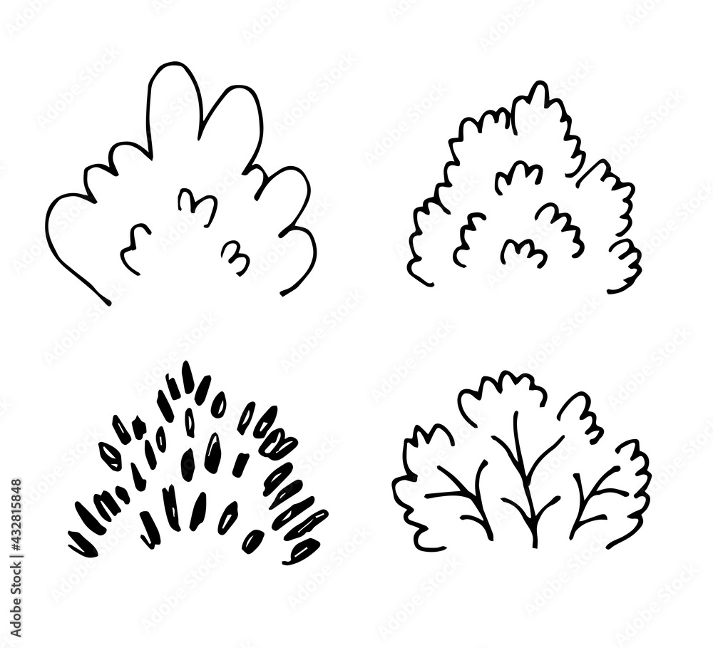 Simple hand-drawn vector drawing in black outline. Set of bushes ...