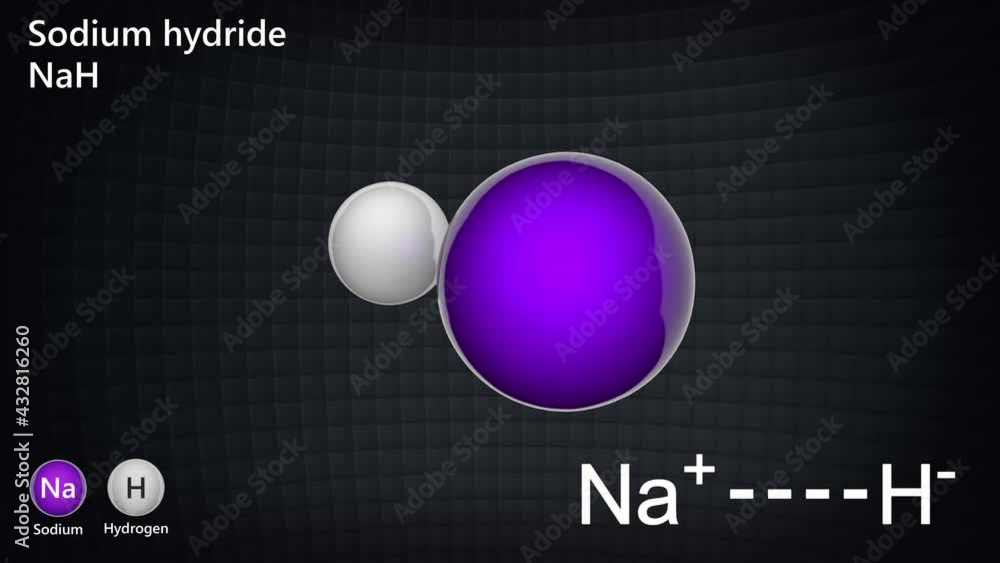 Sodium hydride, formula NaH or HNa. 3D render. Seamless loop. Chemical ...