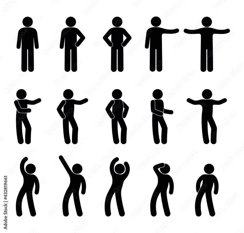 stick man pictogram set, poses and gestures illustration, human ...