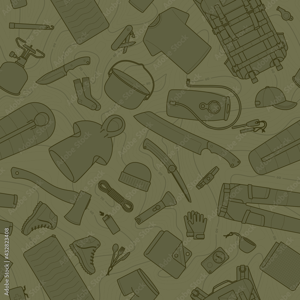 Vector seamless pattern with icons of bushcraft (survival) equipment ...