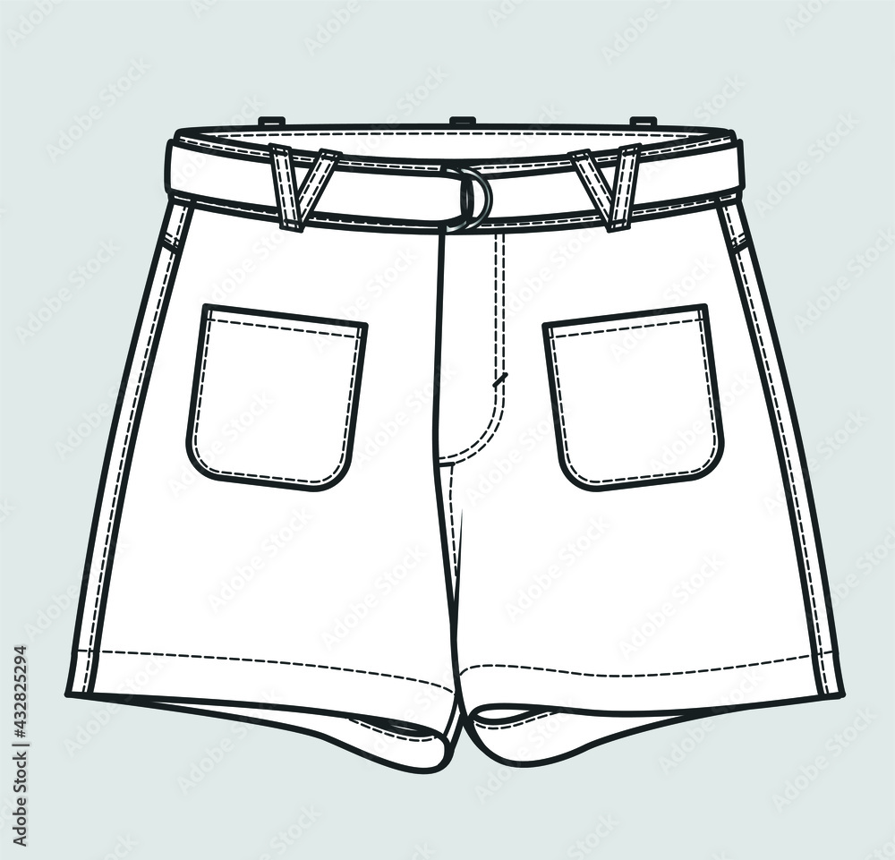 Short pants flat sketch. Technical drawing of shorts for girls. Short ...