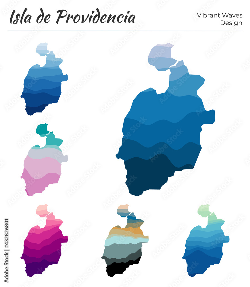 Set of vector maps of Isla de Providencia. Vibrant waves design. Bright ...