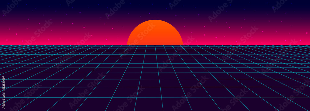 80s futuristic retro landscape. Retrowave, cyberneon. Laser mesh ...