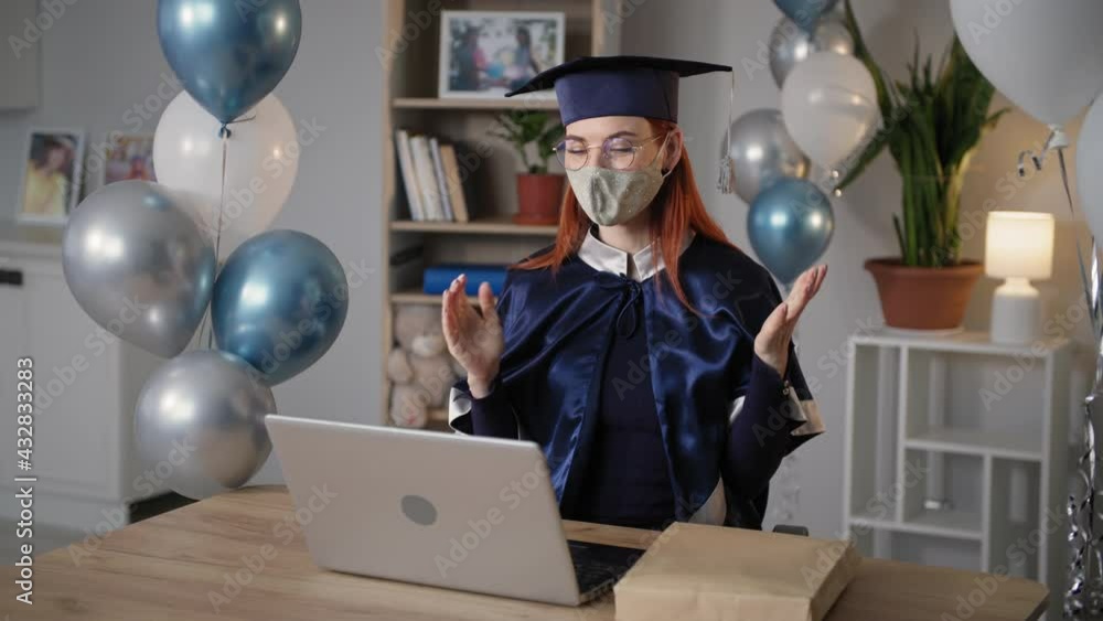 graduation in quarantine, happy female student wearing mask on face and ...