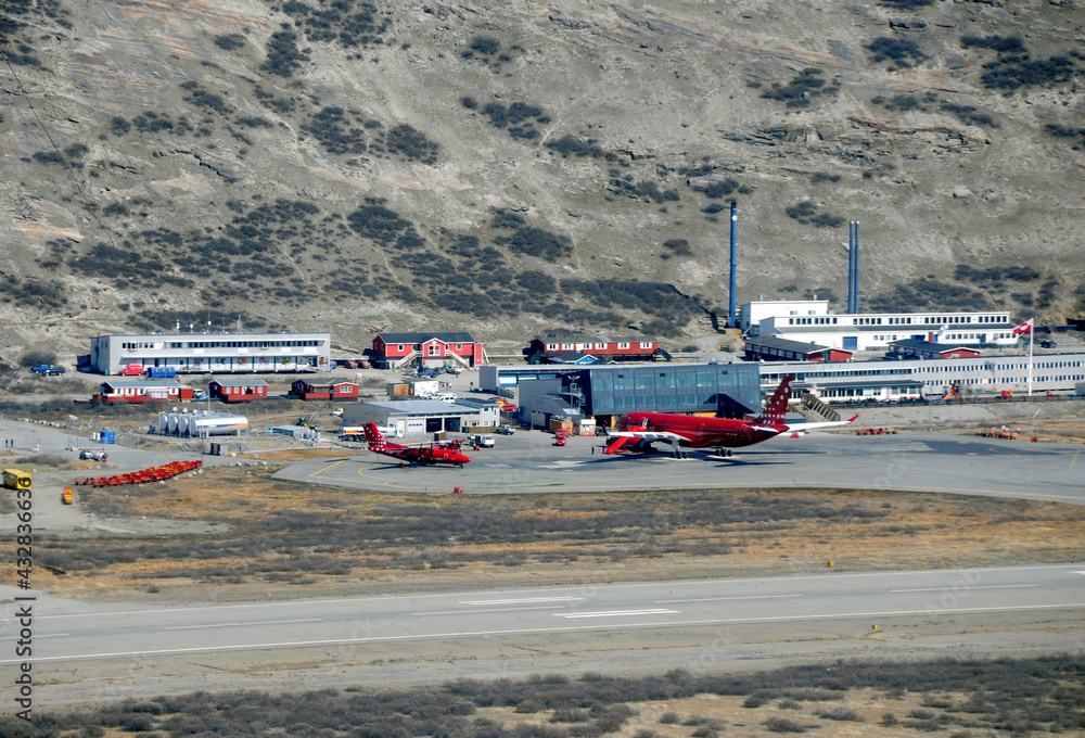 Greenland's airfield viewed from the sky is built on barren land. Stock ...