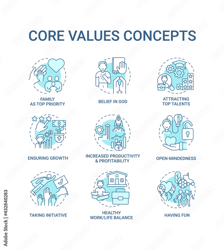 Core values concept icons set. Open-mindedness idea thin line RGB color illustrations. Ensuring ...
