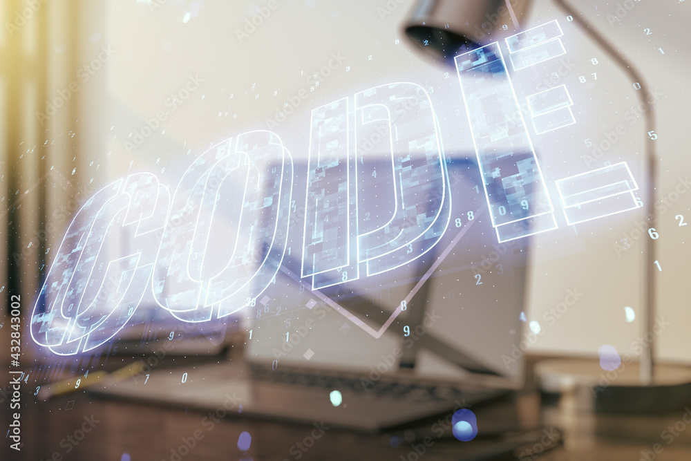Creative Code word hologram on modern computer background, artificial ...