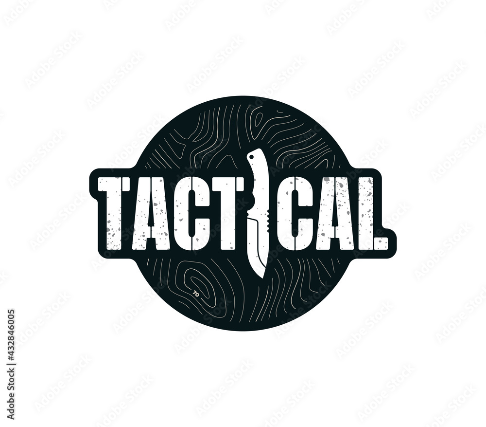 Vector symbol Tactical text with military knife. Isolated on light ...