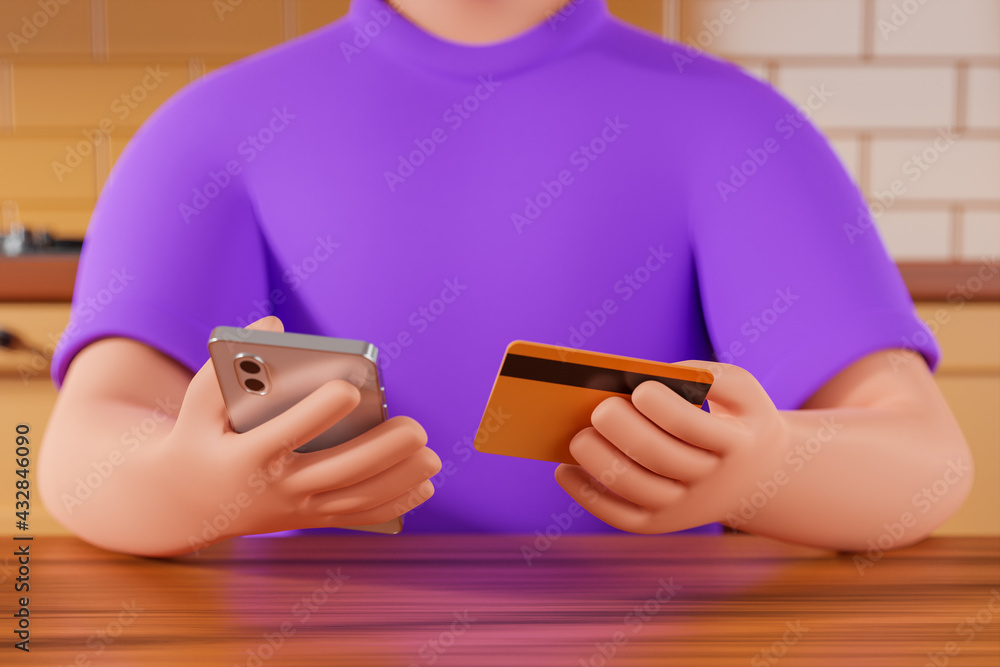 Cartoon character man hands with smartphone and credit card. Online ...