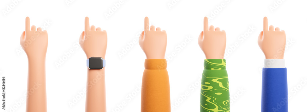 Set of five cartoon character hand pointing at something or push touch ...