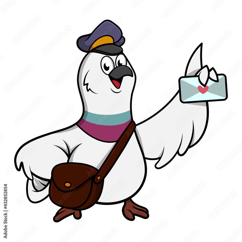 Funny Pigeon cartoon characters, wearing postman hat and shoulder bag ...
