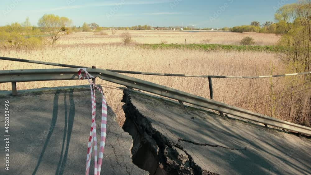 Damaged concrete bridge. Consequences of flood. Damaged bridge on ...