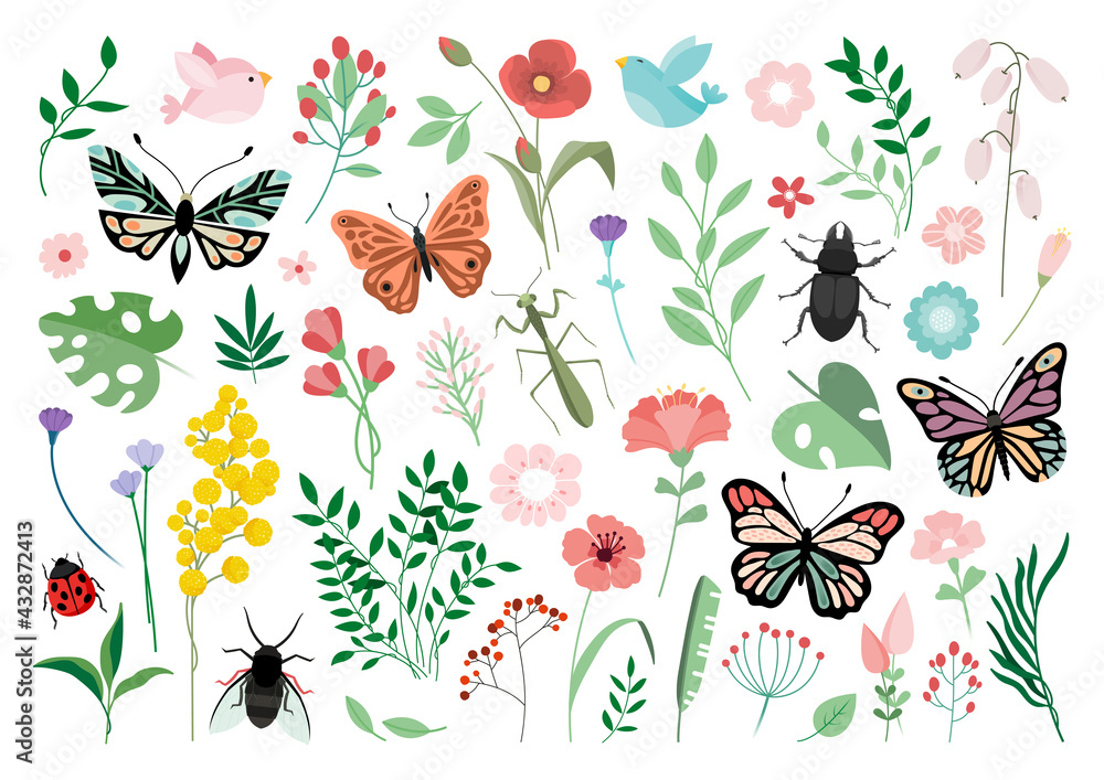 Cute bugs. Child drawing insects, flying butterflies and baby ladybird ...