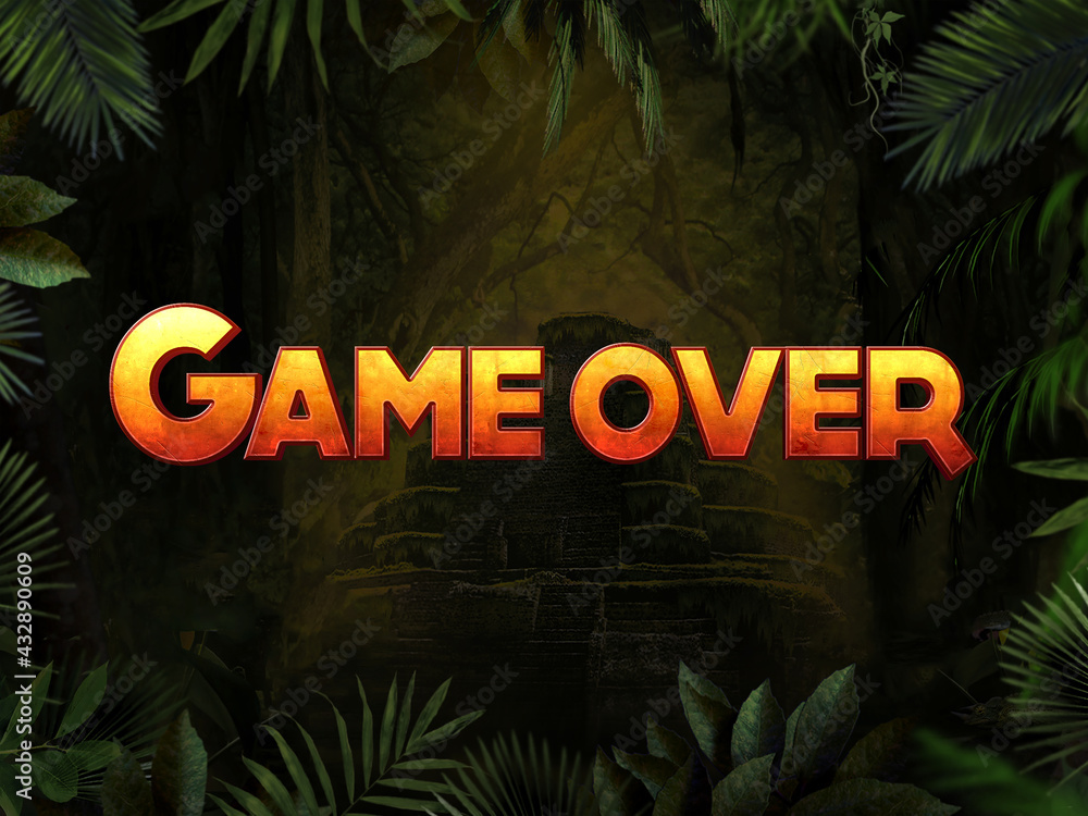 Game over title in front of a hidden temple in the jungle Stock ...