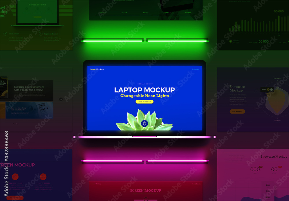 Laptop Mockup - Pro, Presentation, Showcase, Neon Light, Set Stock ...