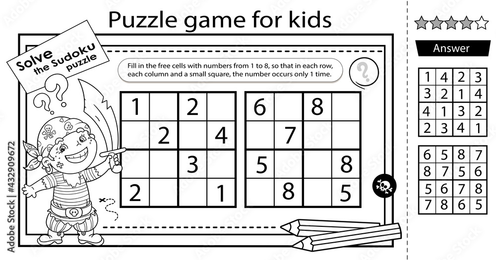 Solve the sudoku puzzle together with the fun pirate. Logic puzzle for ...