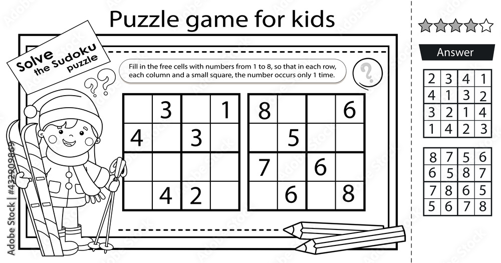 Sudoku puzzle. Logic puzzle for kids. Education game for children. Girl ...