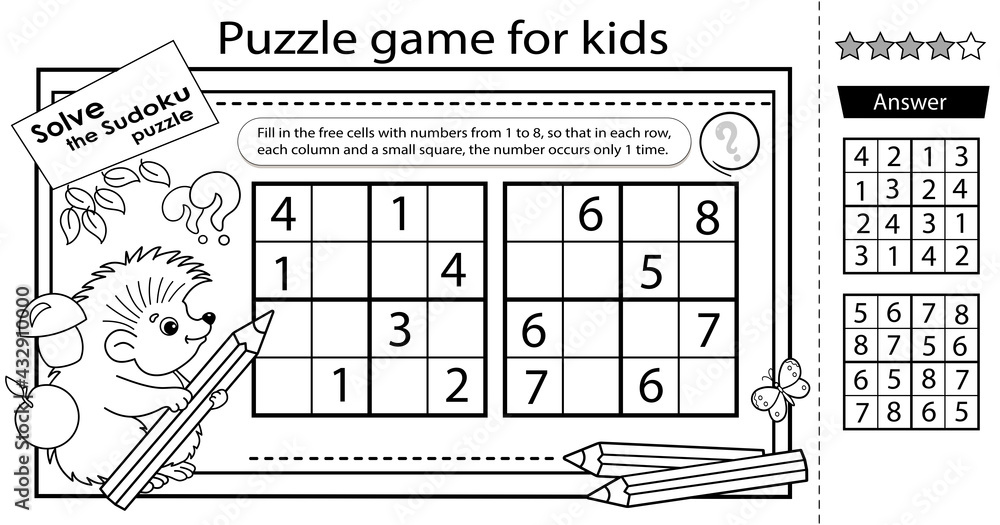Solve the sudoku puzzle together with the little hedgehog. Logic puzzle ...