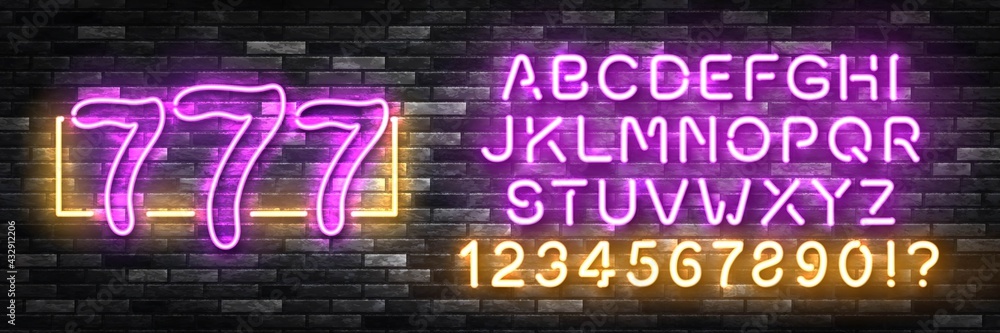 Vector realistic isolated neon sign of 777 slots with easy to change ...