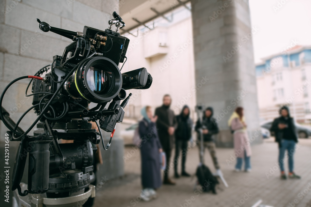 Professional film and video camera on the set. Shooting shift ...