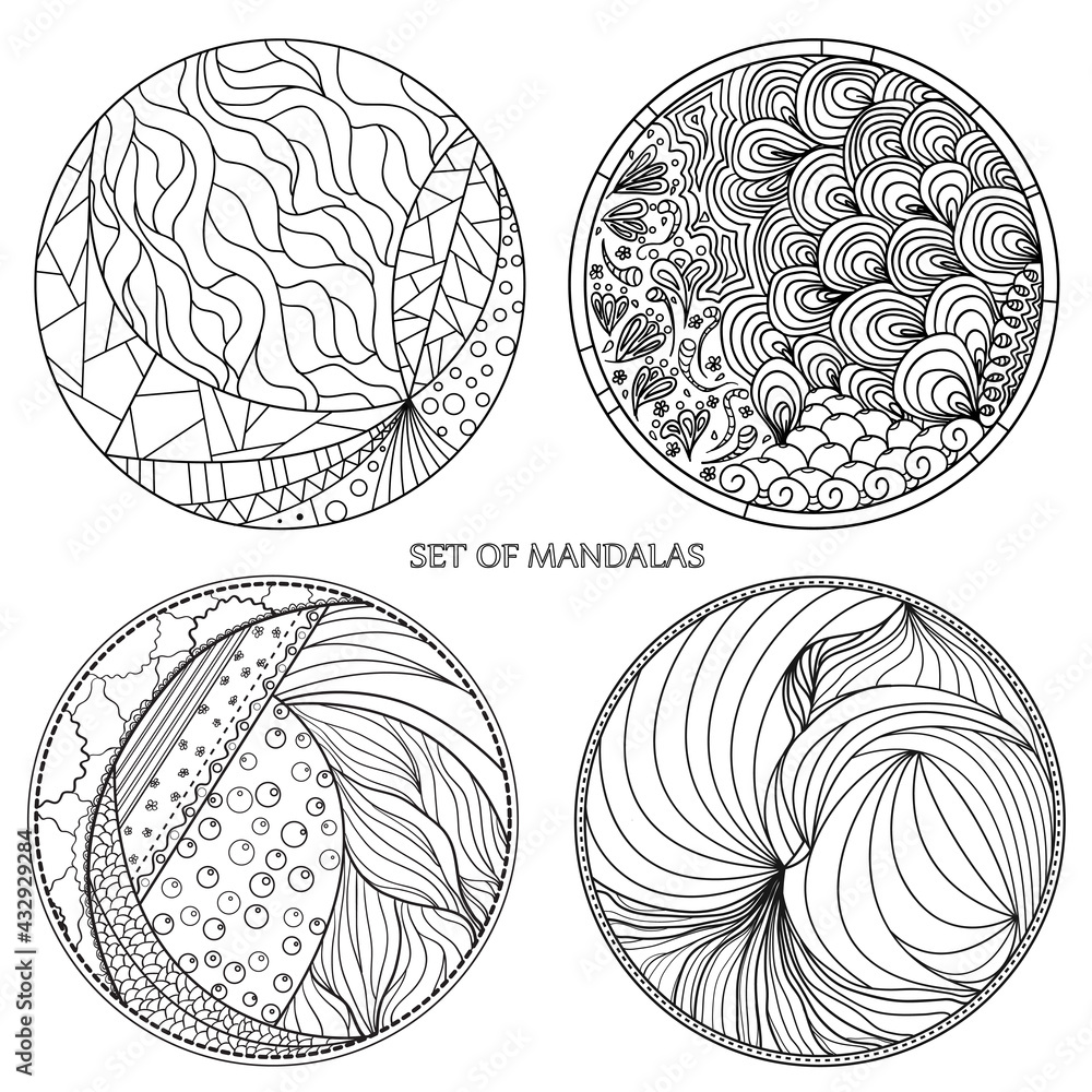 Set. Zendala. Zentangle. Hand drawn circle mandala with abstract ...