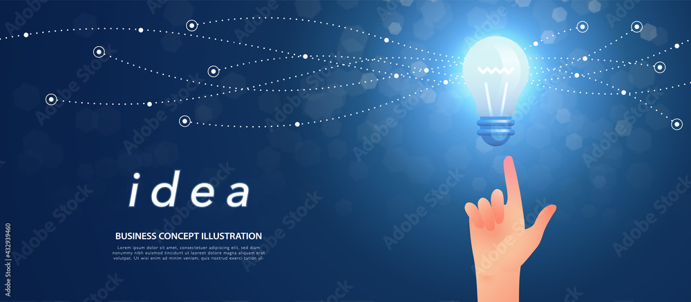 Idea concept banner with hand pointing at glowing and sparking light ...
