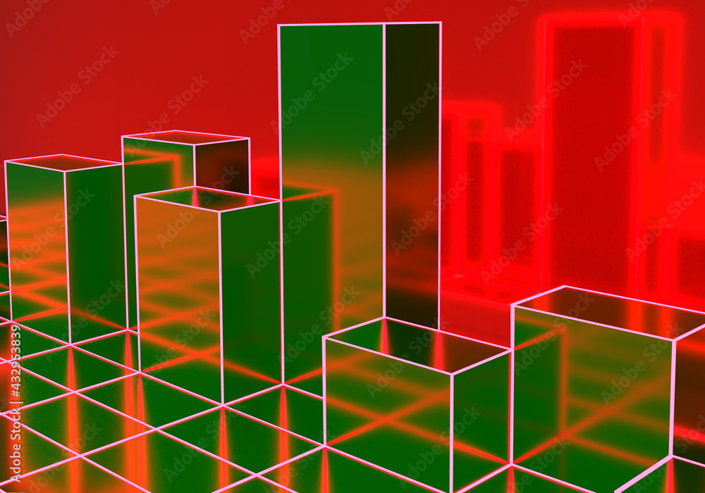 Volumed bar charts. Large charts. Red-green histograms. 3d graphics ...