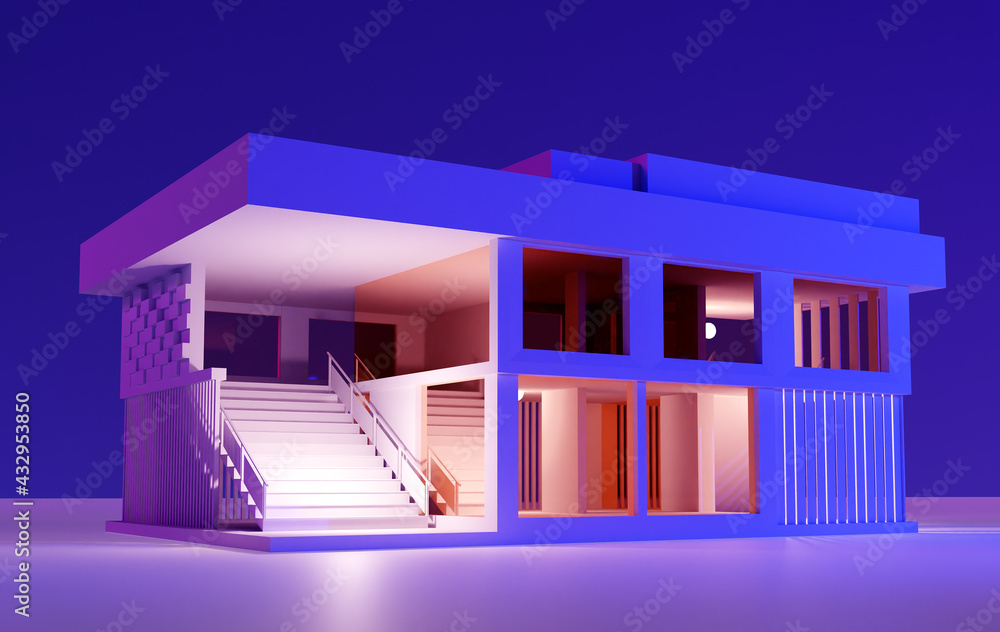 The Layout Of A Two story House With The Lights On 3d Project Of A 