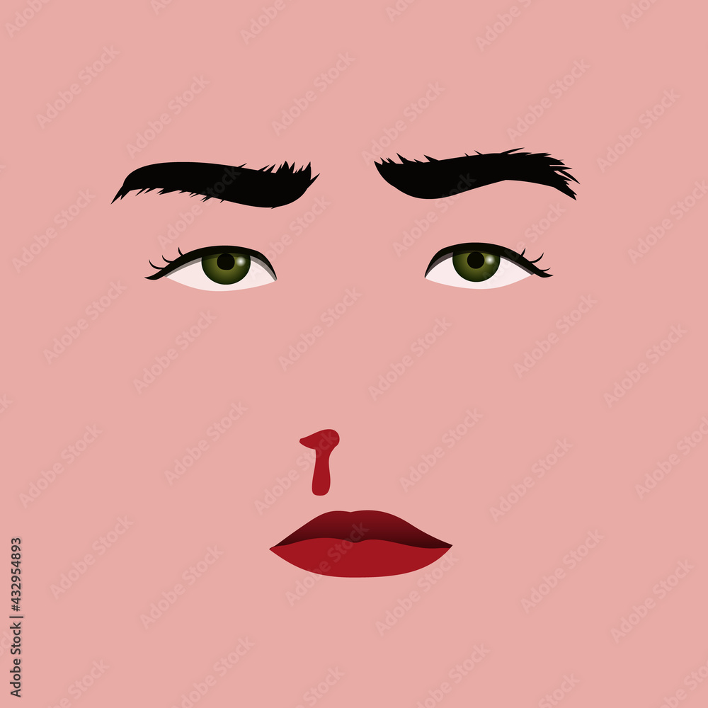 Vector ilustration of parts of woman's face: sad eyes, lips, brows and ...