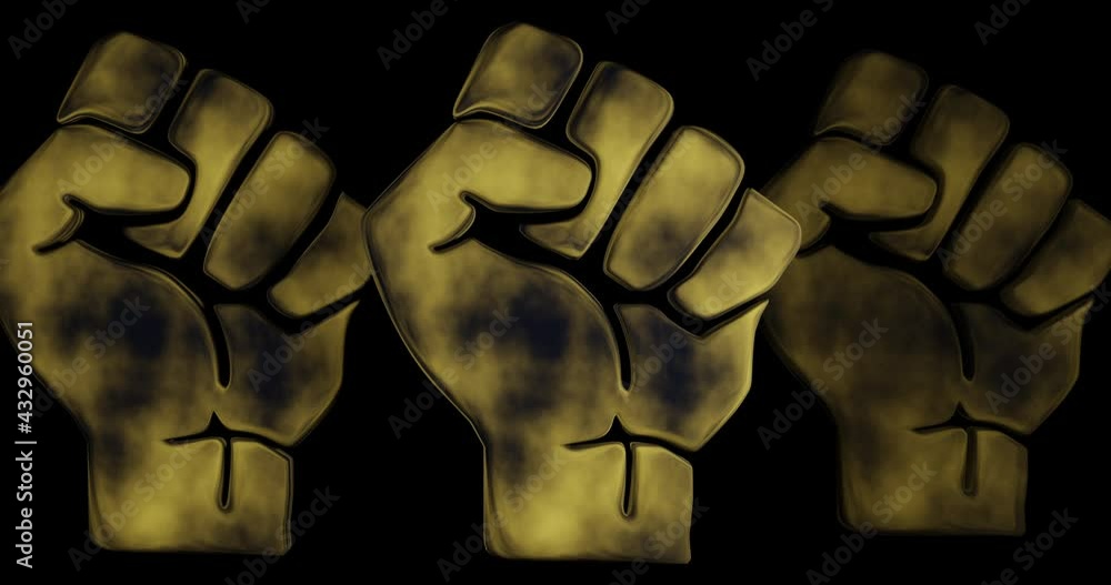 3d animation symbol of gold iron metallic fist on black background ...