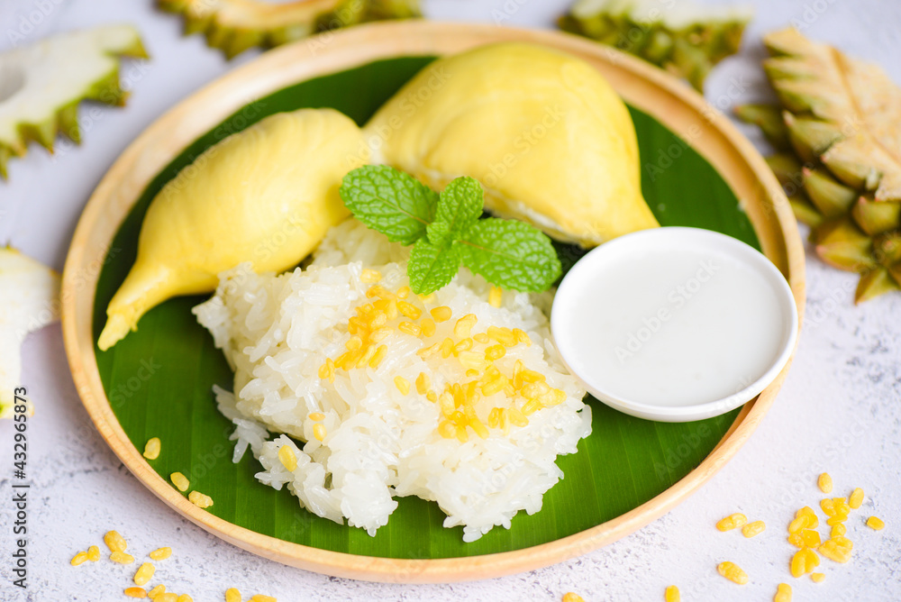 Ripe durian rice cooked with coconut milk, Asian Thai dessert tropical ...
