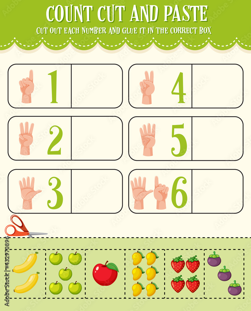 Count cut and paste math worksheet for children Stock Vector | Adobe Stock