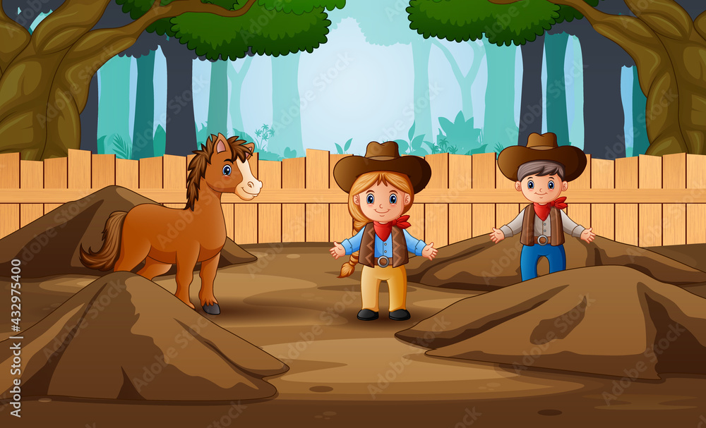 Cartoon cowboy and cowgirl in the farm with a horse Stock Vector ...