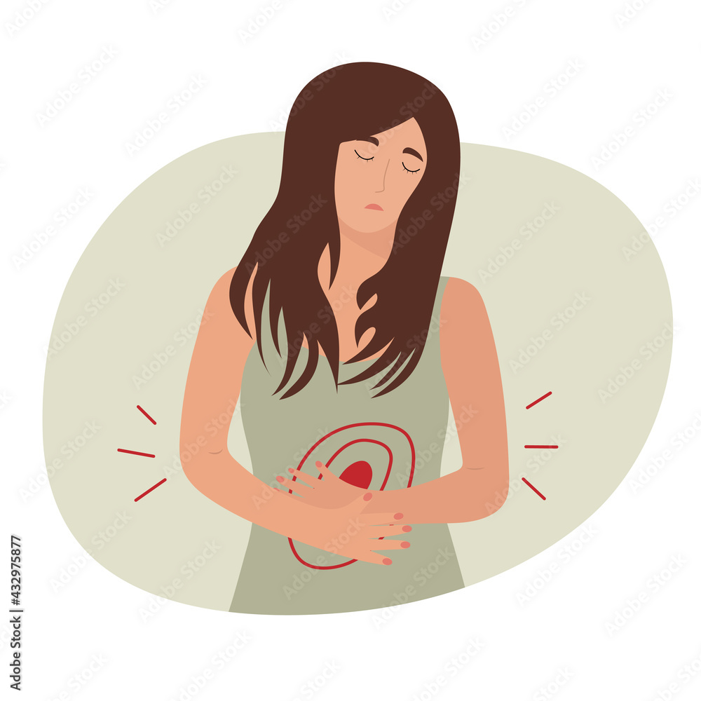 Abdominal pain. Illustration of woman with symptom of pain in the ...