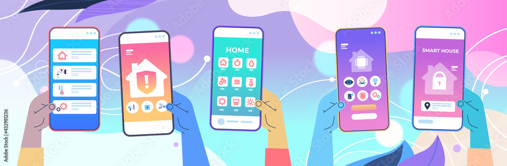 human hands using mobile apps for smart house system control on ...