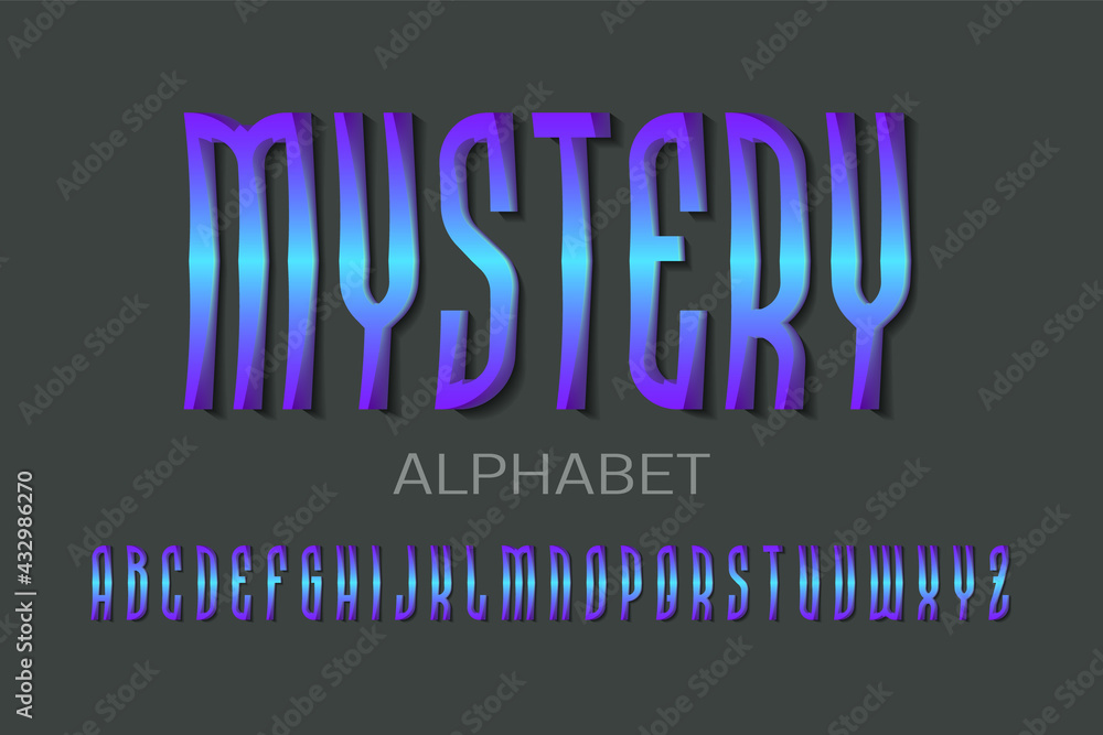 Mystery alphabet of cartoon high blue purple 3d letters. Volumetric ...
